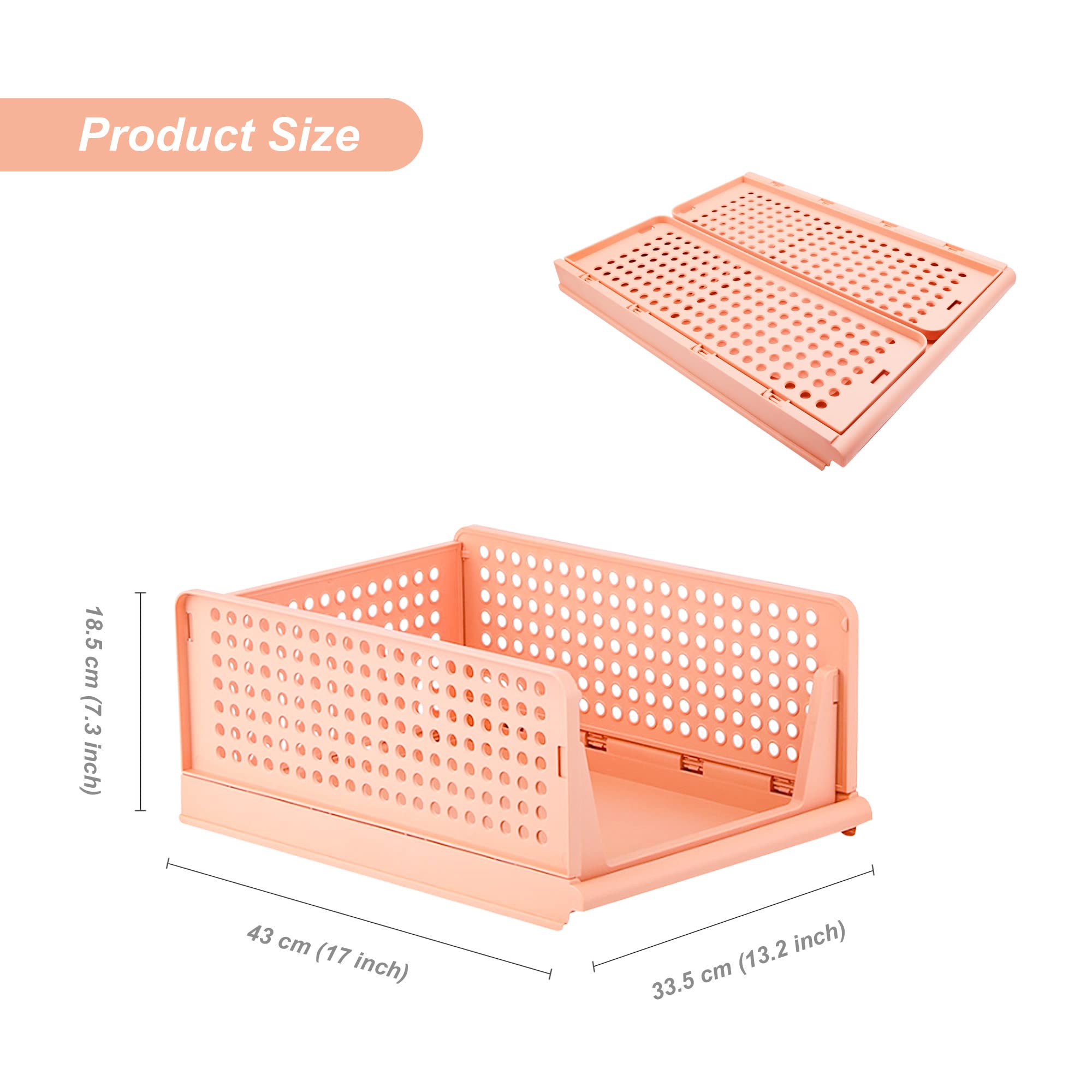 CYOIDAI Gywinovo souG 2 Pack (17x 13.2 x 7.3 inch) Stackable Plastic Storage Basket-Foldable Closet Organizers Storage Bins, Perfect for Kitchen, Office, Bedroom & Bathrooms(Pink)