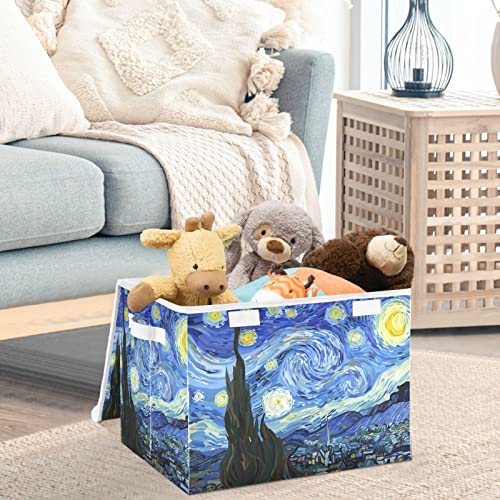 CaTaKu Large Fabric Storage Bins With Lids, Van Gogh The Starry Night Storage Boxes With Handles for Organizing Clothes, Collapsible Storage Cube Bins Baskets for Shelves