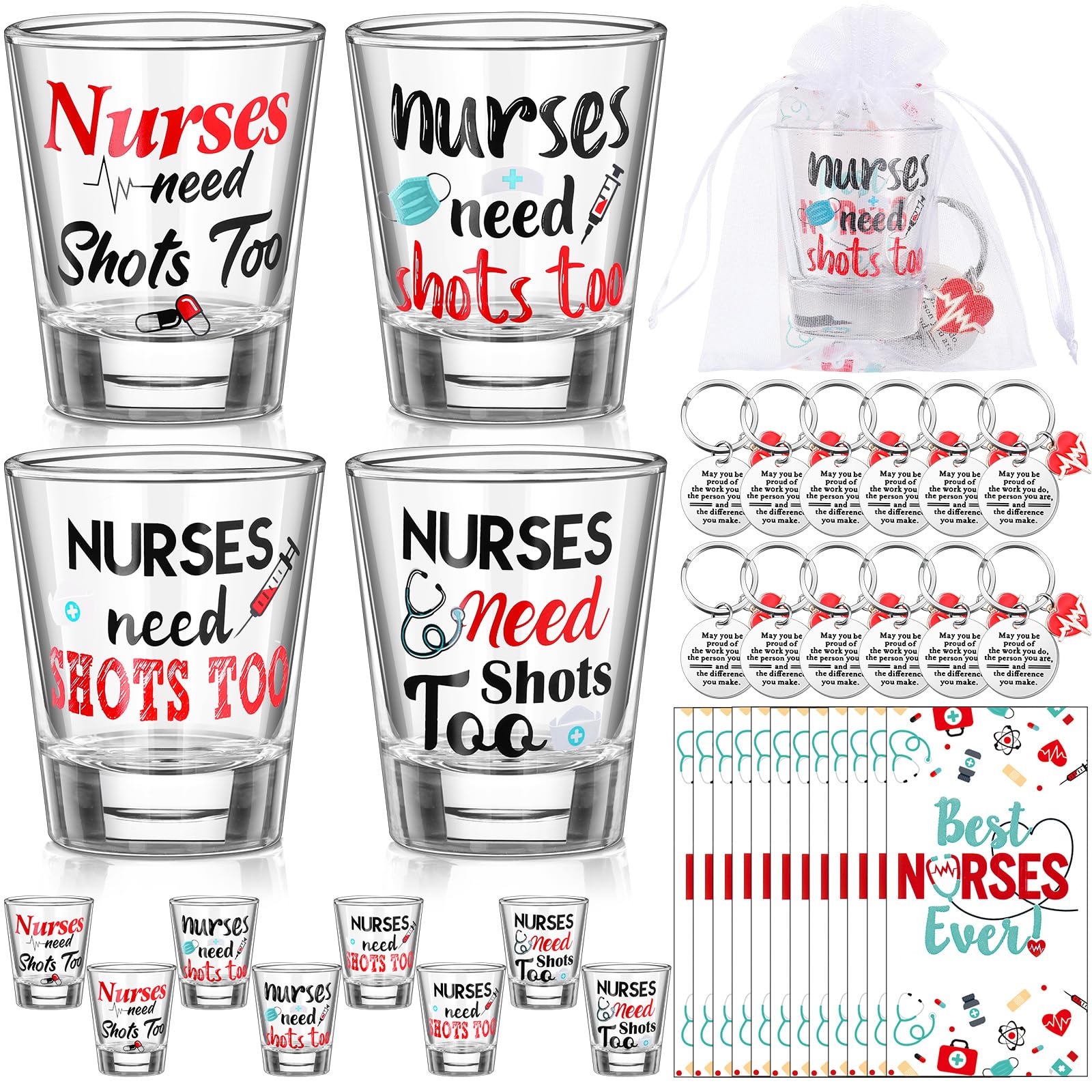 FoldTier 48 Pieces Nurse Gifts Include 12 Nurse Shot Glasses 1.8 Oz 12 Keychains 12 Gift Bags 12 Cards Nurse Appreciation Gifts for Nursing Students Graduation Gift Funny Birthday Presents School Gift
