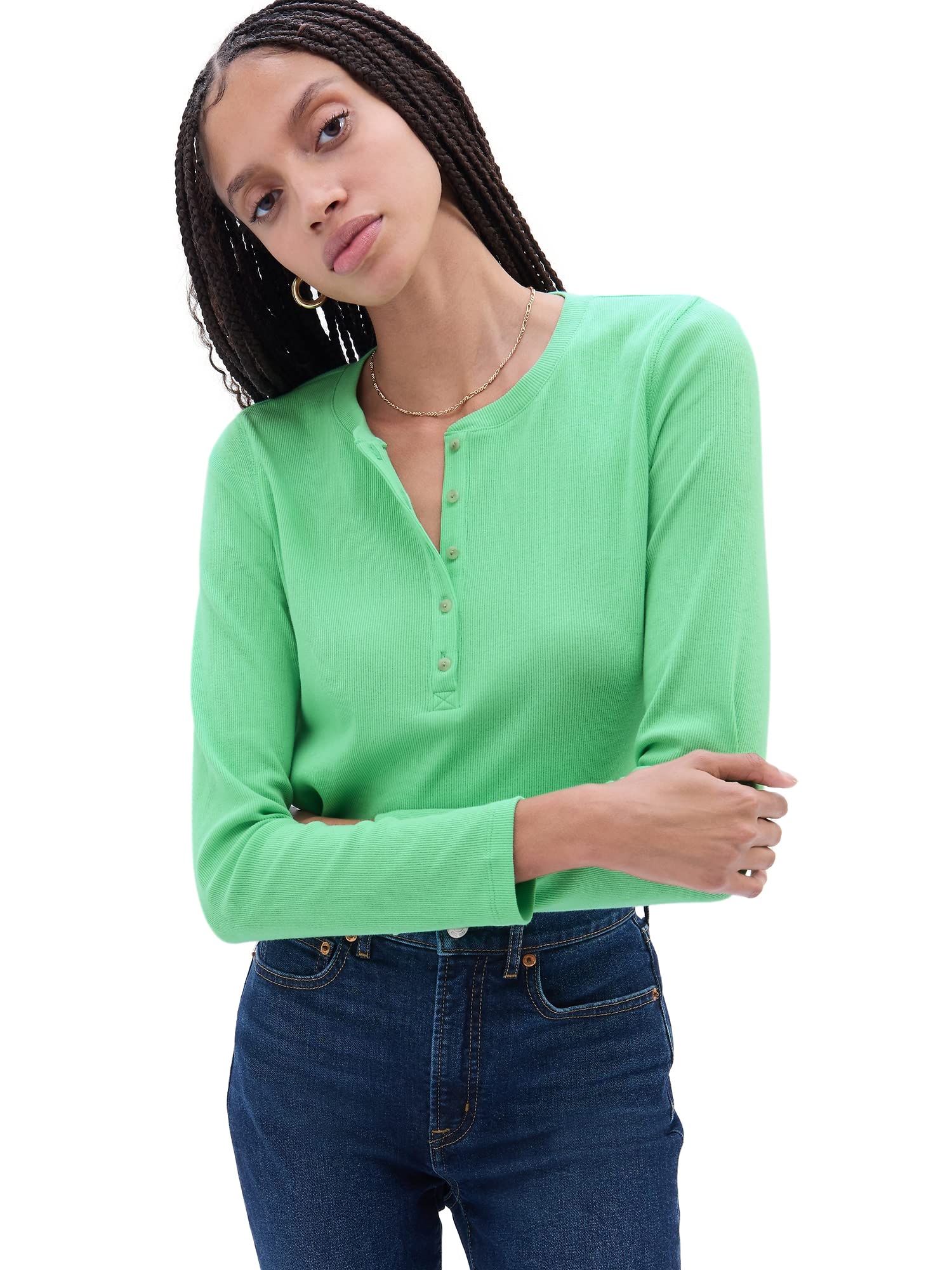 GAP Womens Ribbed Long Sleeve Henley T Shirt, White000, X-Large US