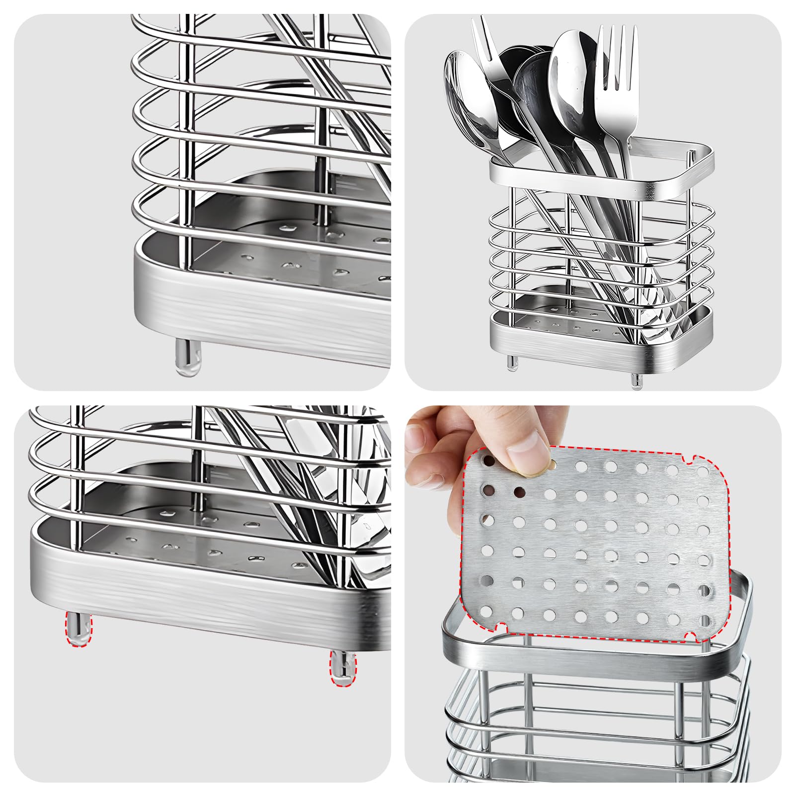 IWNTWY Utensil Holder, Stainless Steel Utensil Drying Rack with Detachable Base, Dish Drainer for Kitchen Counter, Silverware Cutlery Flatware Holder Forks, Knives, Spoons, Chopsticks Organizer