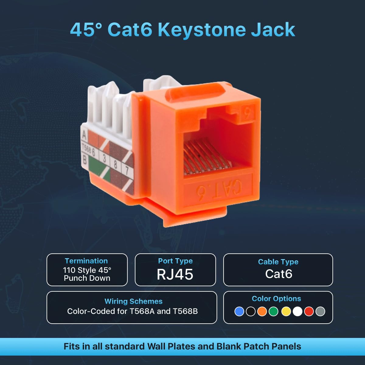 SATMAXIMUM Cat6 Keystone Ethernet Wall Jack Punch Down UTP 45-Degree (Easier Termination Than 90-Degree), RJ45 Slim Profile Speed Termination Orange - 45° Angled (30 Pack)