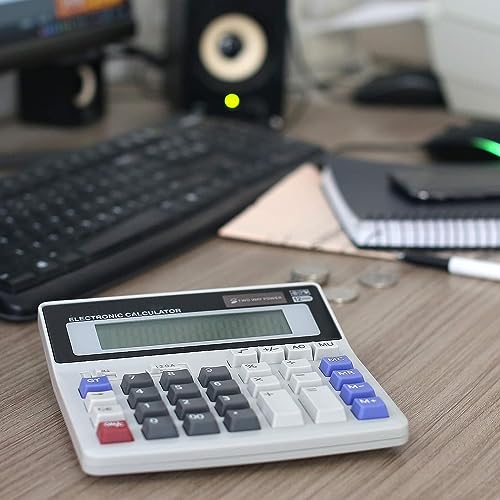 Calculator, Calculators Large Display and Buttons, Solar Battery Dual Power, Big Button 12 Digit Large LCD Display (White)