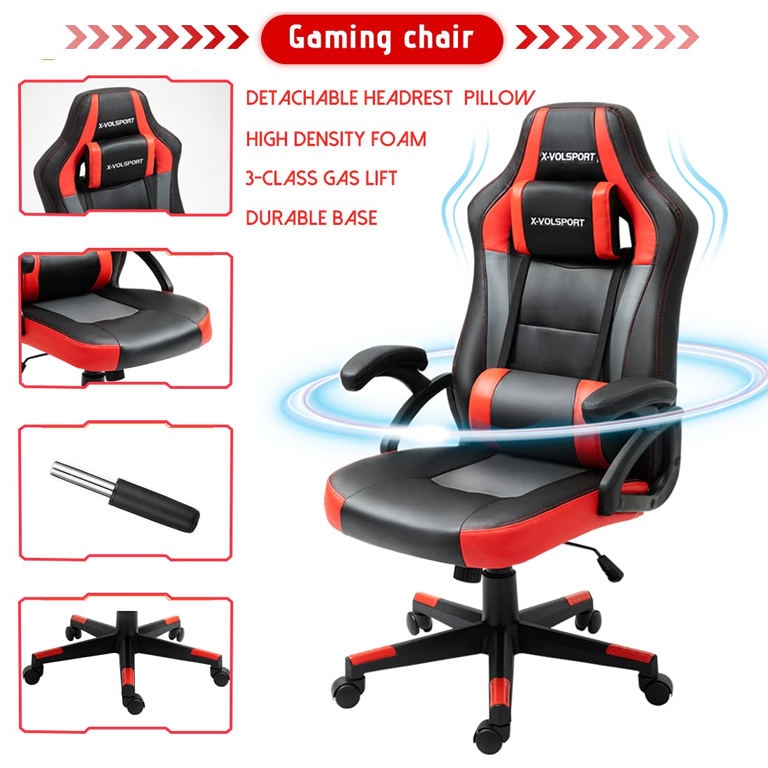High Back Wide Seat Ergonomic PC Computer Gaming Chair, Leather Swivel Silla Gamer Home Office Desk Chair with Headrest and Lumbar Support for Adult (Red+Black)