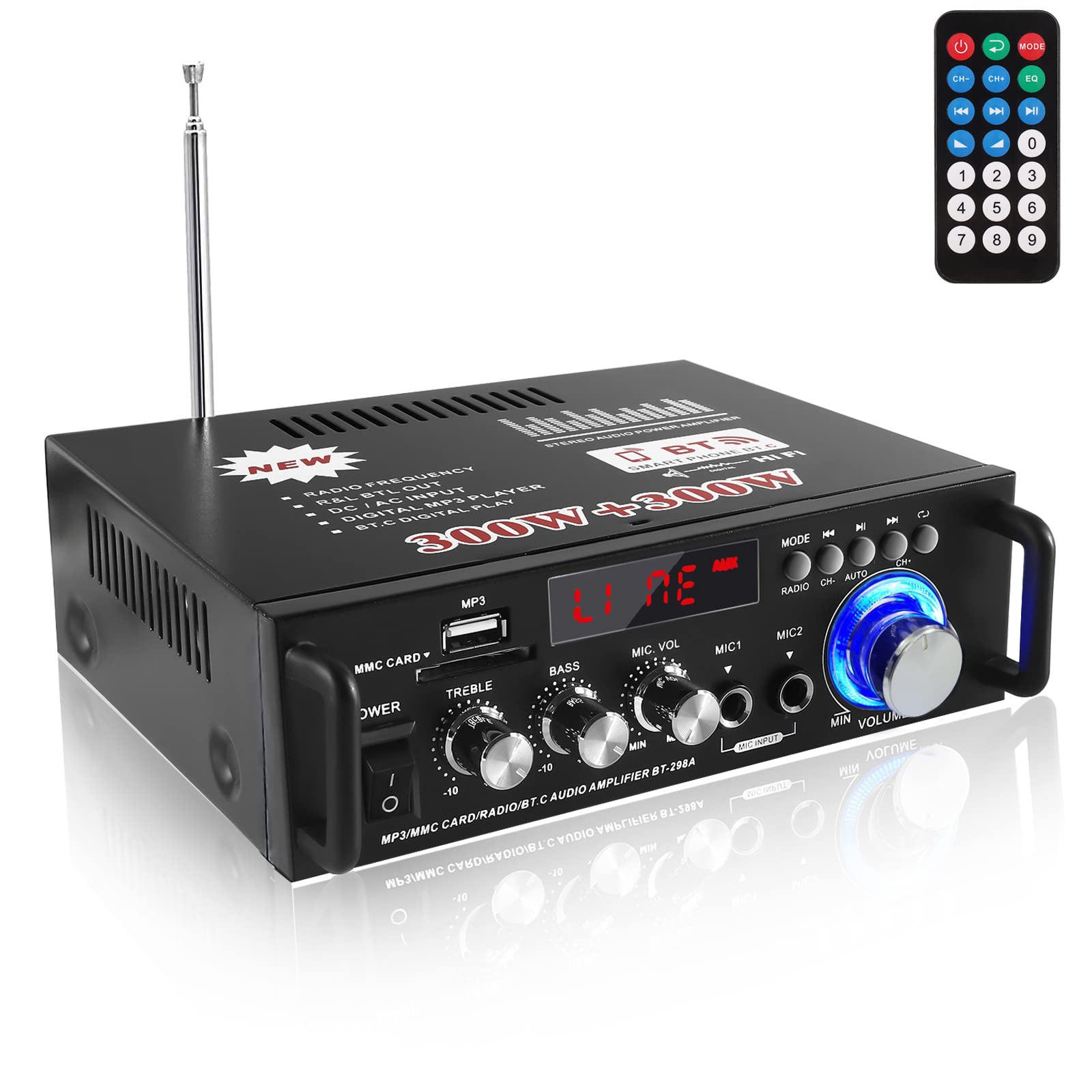 Etlephe 298A Mini Bluetooth 5.0 Stereo Amplifier,Amplifier home Audio,Audio Receiver,300W+300W 2 Channel Power Sound Receiver/USB,SD Card,FM Radio,2 Mic for Home Speakers & Theater System-12V 110V