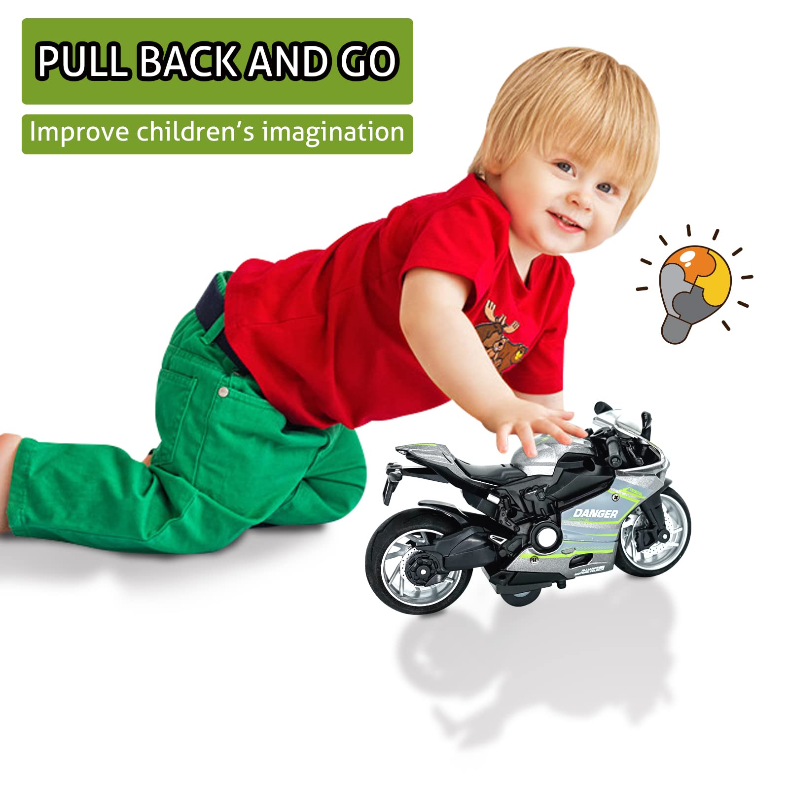 CYYSFIVQZ Toy Motorcycle-Pull Back Motorcycle Toy with Sounds and Lights,1:12 Scale Motorcycle Model Toy for Kids, Pull Back Vehicle for Boys Kids Age 3+ Year Old Supplies (Silver Gray)