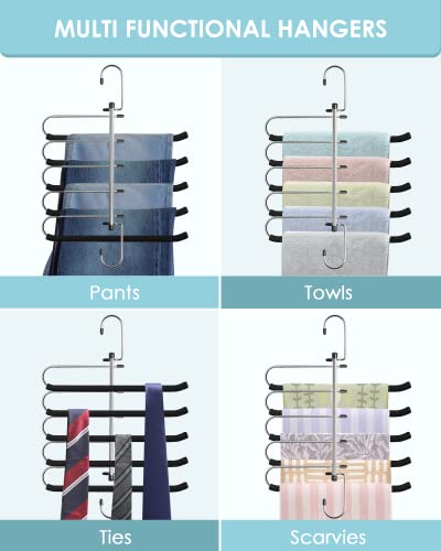 CINKSY Pants Clothes Hangers Space Saving - Upgrade Non Slip Jeans Hanger Rack with Foam Padded Swing Arm Leggings Hanger Multiple Layers Closet Organizer and Storage for Trousers, Scarf, Tie - 2 Pack