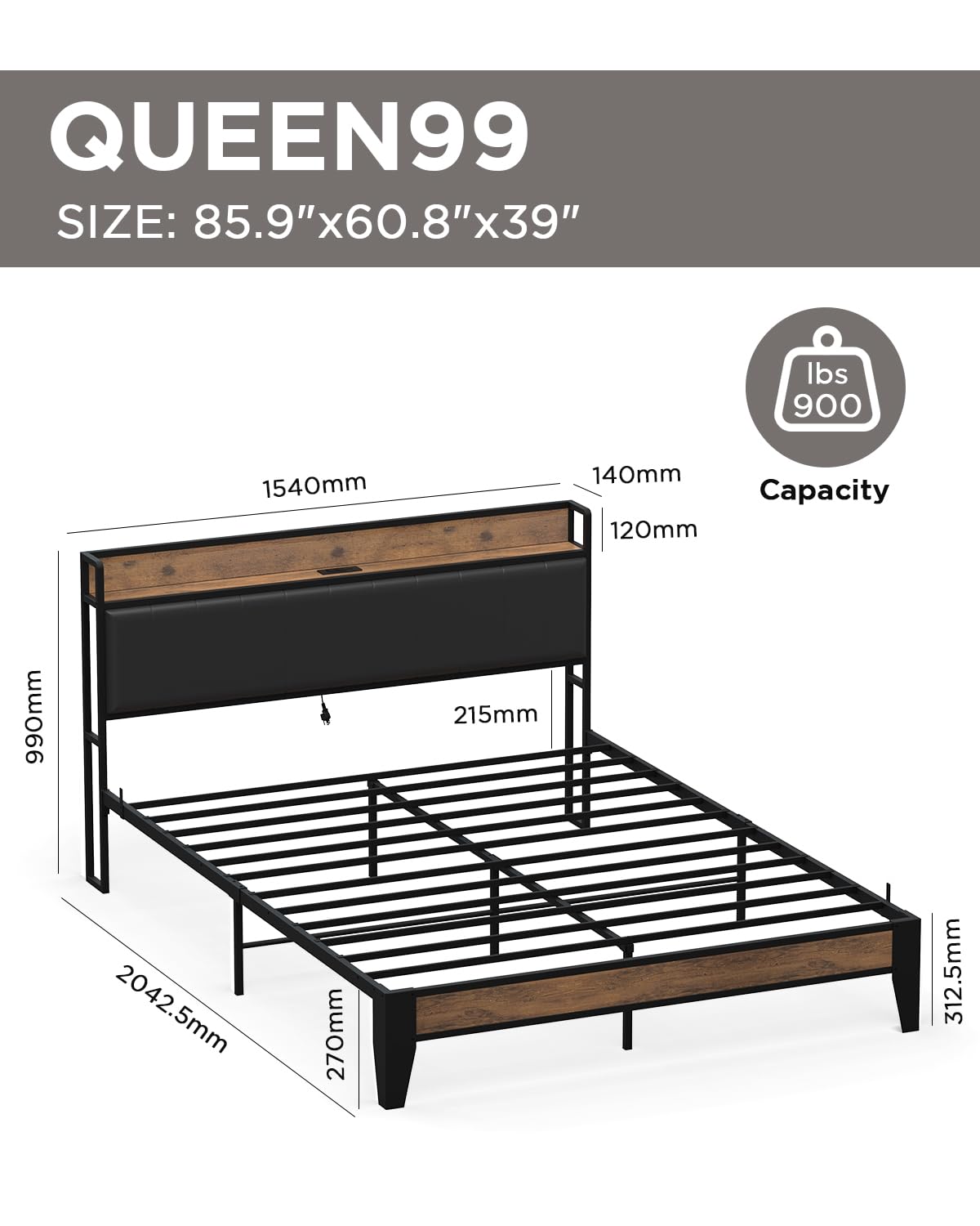 BUCOTOD Bed Frame with Storage Headboard, Built-in Charging Station, Easy Assembly, Noise Free, Non-Slip Design, Sturdy and Stable, No Box Spring Needed, Heavy Duty Metal Support Bed Frame-QUEEN99