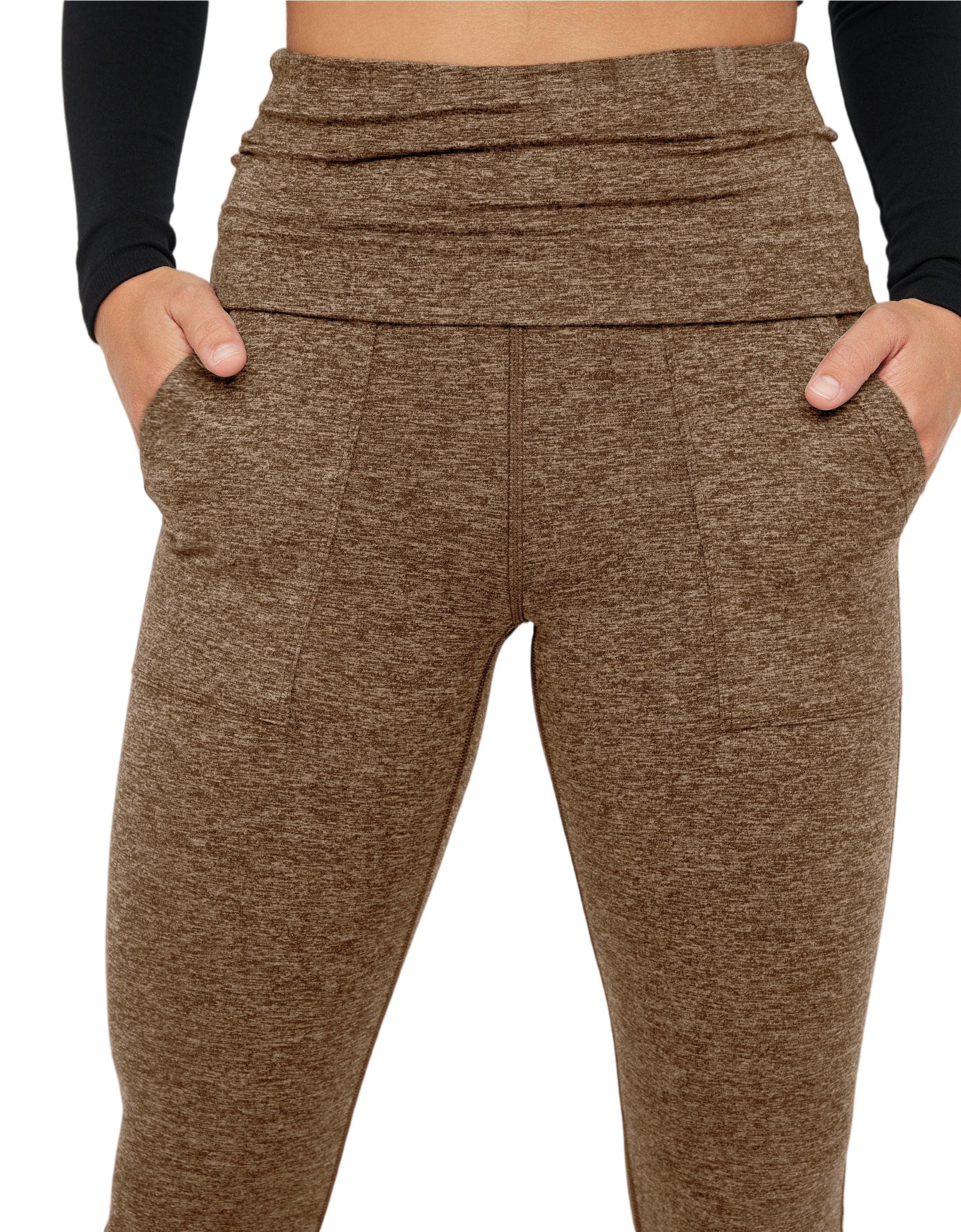Aurgelmir Womens Flare Yoga Pants High Waisted Foldover Workout Leggings with Pockets Tummy Control Bell Bottom Pants Brown