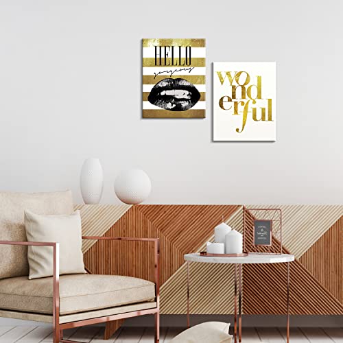 Creoate Fashion Women Wall Art 2 Pieces Lips Picture Canva Print Artwork Framed Set Black Gold Wall Decor for Girls Bedroom (Multi)…
