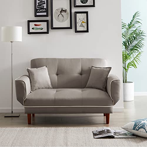 Convertible Futon Sofa Bed with 2 Pillows, Small Loveseat Sleeper Sofa Futon Couch, Recliner Couch with Adjustable Armrest and Wood Legs, Living Room Sofa with 5-Angle Backrest for Small Space (Grey)