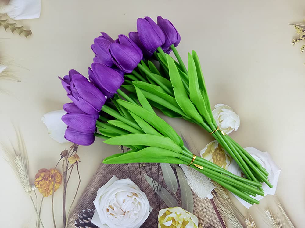 Etycoo 20pcs Artificial Tulip Bouquet Flowers Fake Tulips Floral Decor for Wedding Party Garden Home Kitchen Dining Table Festival Decor (Purple)