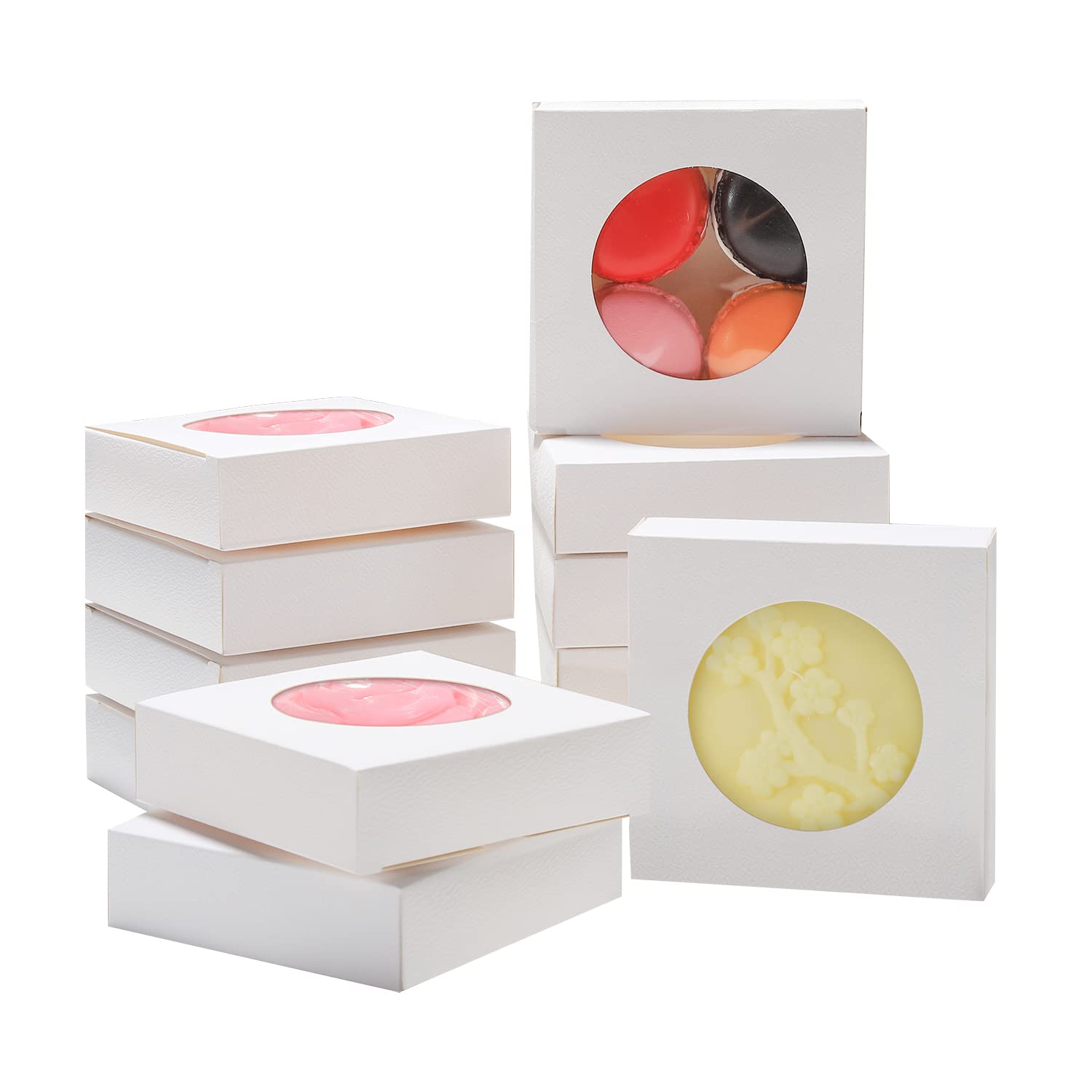 Bssay 60Pcs Small Soap Packaging Boxes 4.3x4.3x1.2 Inch,White Square Paper Boxes Gift Wrapping Box with Round Clear Window for Bakery Cookies Cake Candy Soap Packaging Birthday Gift Boxes（White）
