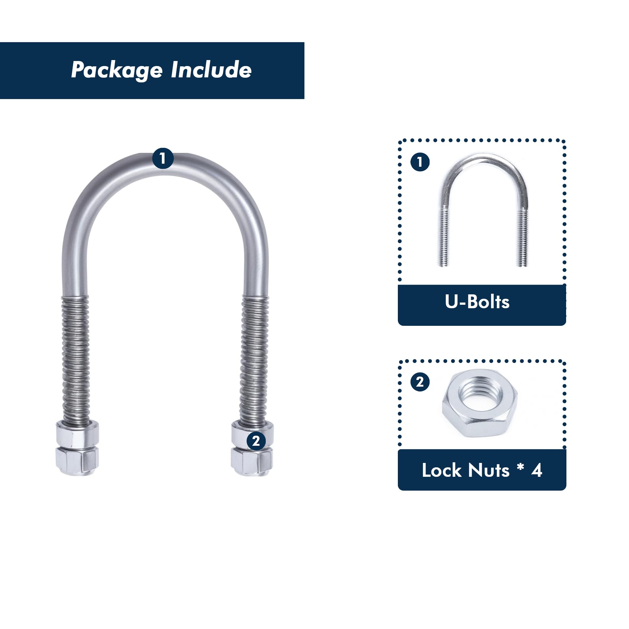 U-Turn - 2 inch Pipe Size U-Bolt with Nuts, 304 Stainless Steel (2-7/16 inch ID) (2 Pieces)
