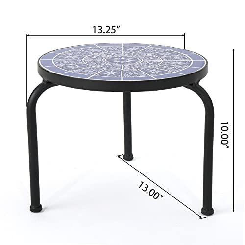 Christopher Knight Home Slate Outdoor Ceramic Tile Side Table with Iron Frame, Blue / White