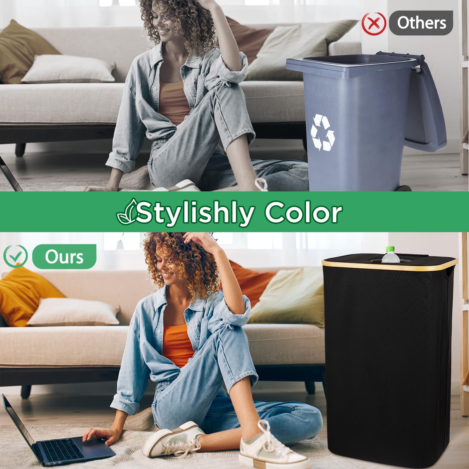BEAUTIFABLE Recycling Bin for Kitchen, 26 Gallon Indoor Large Recycle Bin with Lid and 2 Removeable Reusable Inner Bag Collecting Bottle Can Waste Plastice (Black