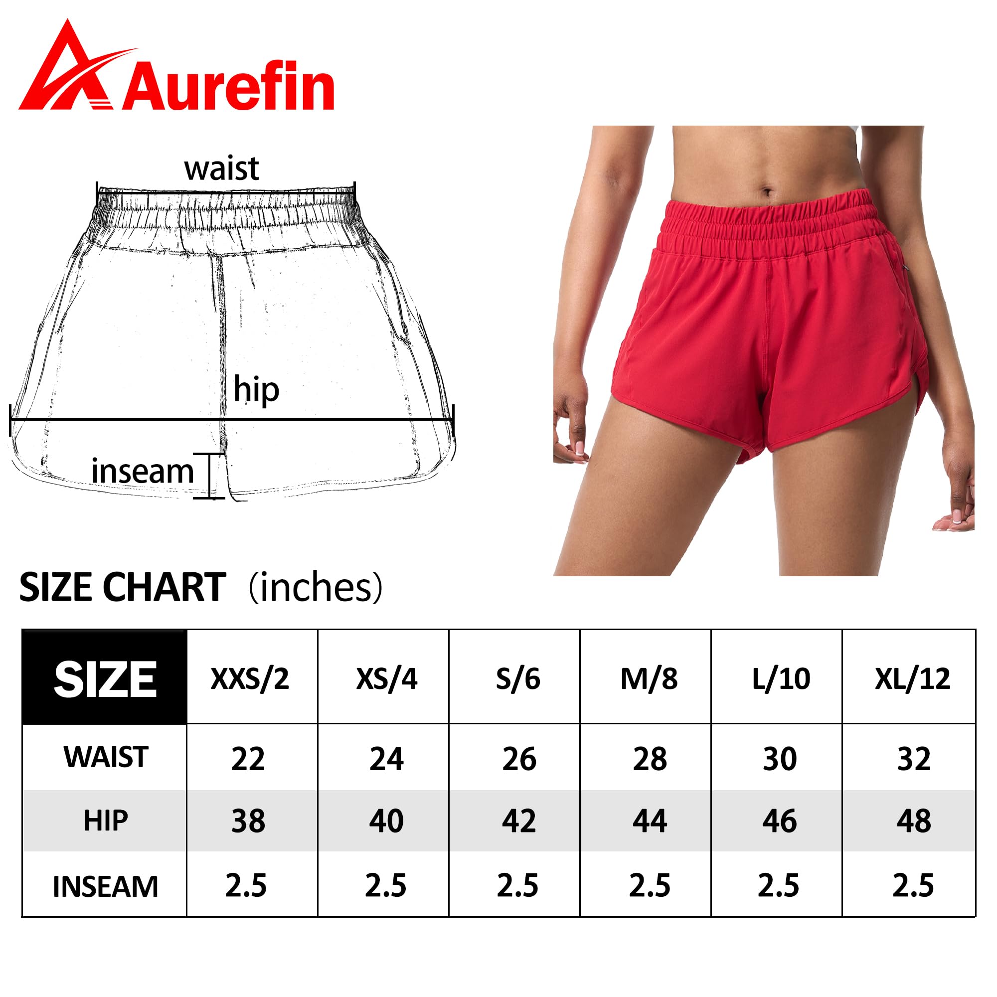 Aurefin Athletic Shorts for Women, Women's Quick Dry Running Track Shorts Workout Active Shorts with Elastic and Zip Pocket 5 inch RED/XS