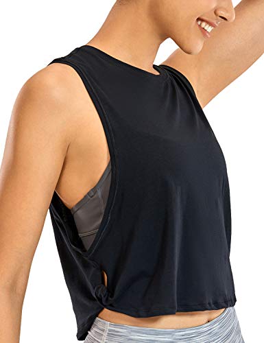 CRZ YOGA Pima Cotton Cropped Tank Tops for Women - Sleeveless Sports Shirts Athletic Yoga Running Gym Workout Crop Tops Deep Armhole-Black Small