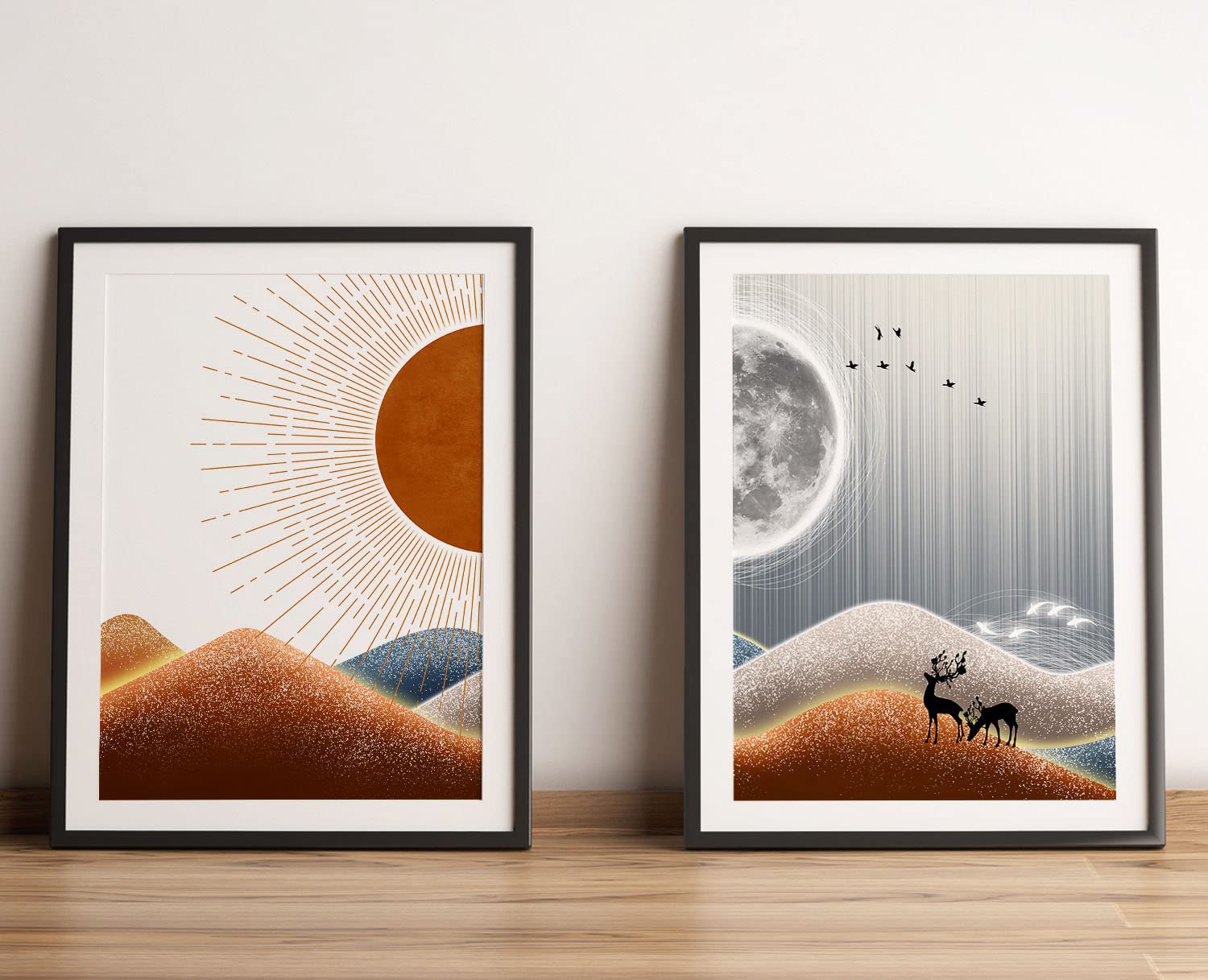 Boho Wall Art - Sun and Moon Art - Boho Bedroom Art - Sunshine Decor - Mid Century Modern Wall Decor - Bathroom, Living Room, Office, Classrooms, Home Wall Decor, Set of 2 Prints, 11x14" Unframed