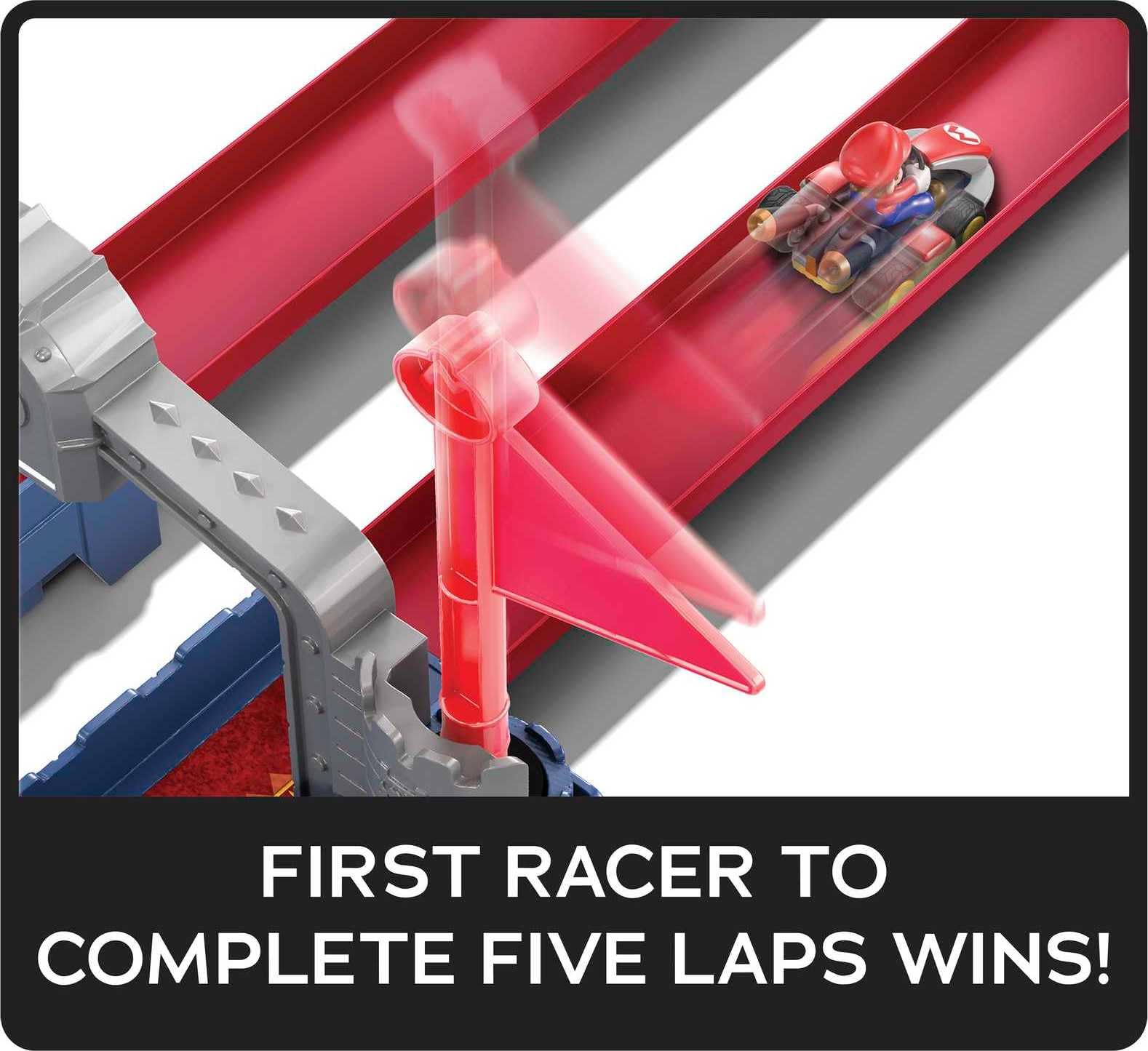 Hot Wheels Mario Kart Bowser’s Castle Chaos Modular Track with Side by Side Racing Lap Flags and Bowser Figure Connects to Other Sets Gift idea for Ages 3 Years and Older