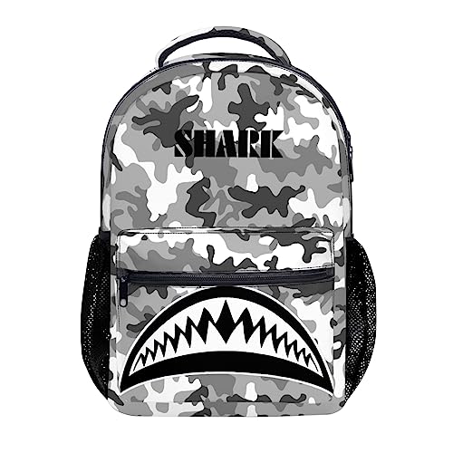 Cbntnaf Shark Camo Backpack for Women Men, Gray Camo Shark Teeth Print Bookbag for Boys Girls, Large Capacity Lightweight Backpack for School Work Camping Hiking