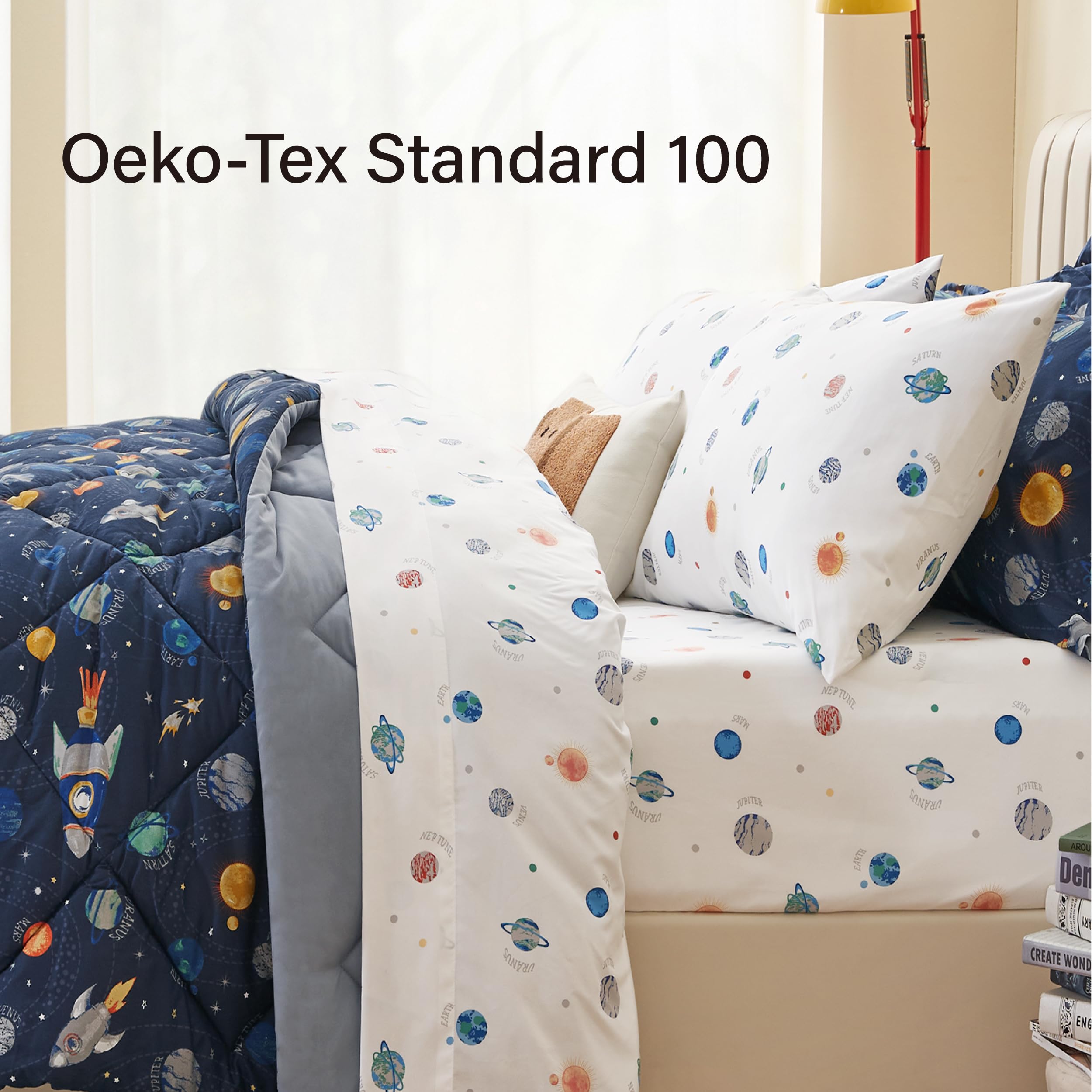 PPOLCA Twin Size Space Kids Bedding Set for Girls, 5 Pieces Super Soft Lightweight Microfiber Comforter Set with Sheets, Space Bedding Twin, Bed in a Bag, Durable Children Bed Set