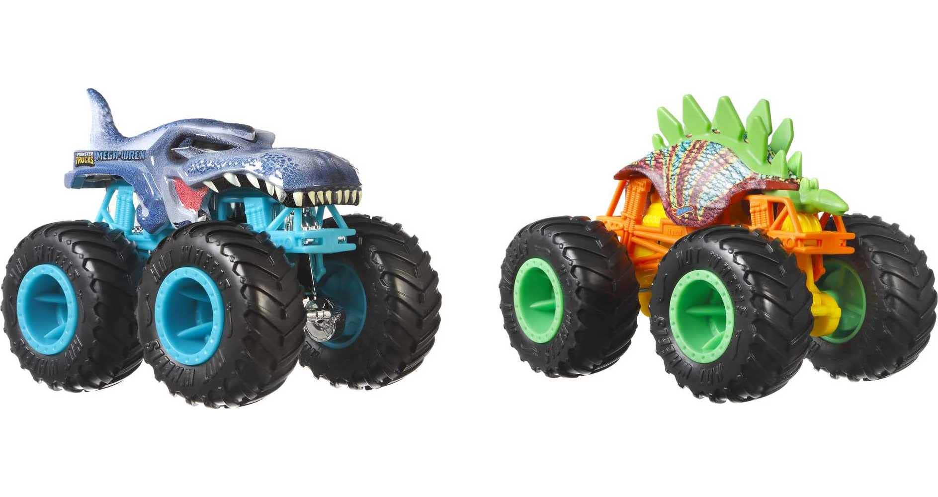 Hot Wheels Monster Trucks 1:64 Scale Dino 2-Pack, Set with Motosaurus & Mega-Wrex, Toy for Kids & Collectors