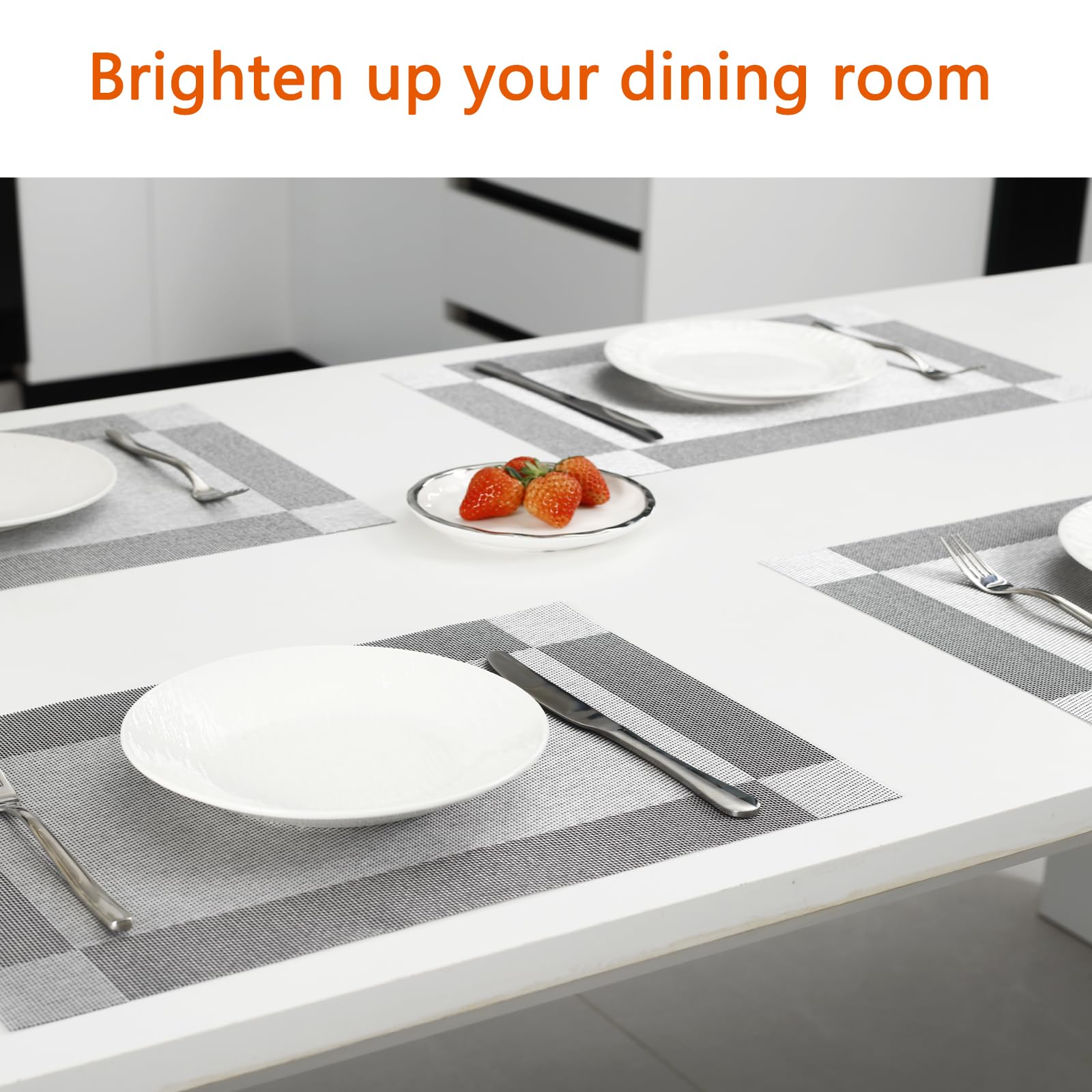 Uolr Table Mats Set of 6 Grey Washable& Wipeable Plastic Placemats for Kitchen Indoor Outdoor Heat Resistant Non Slip Woven Vinyl Table Placemats Protect Dining Table Silver Place mats (Grey)
