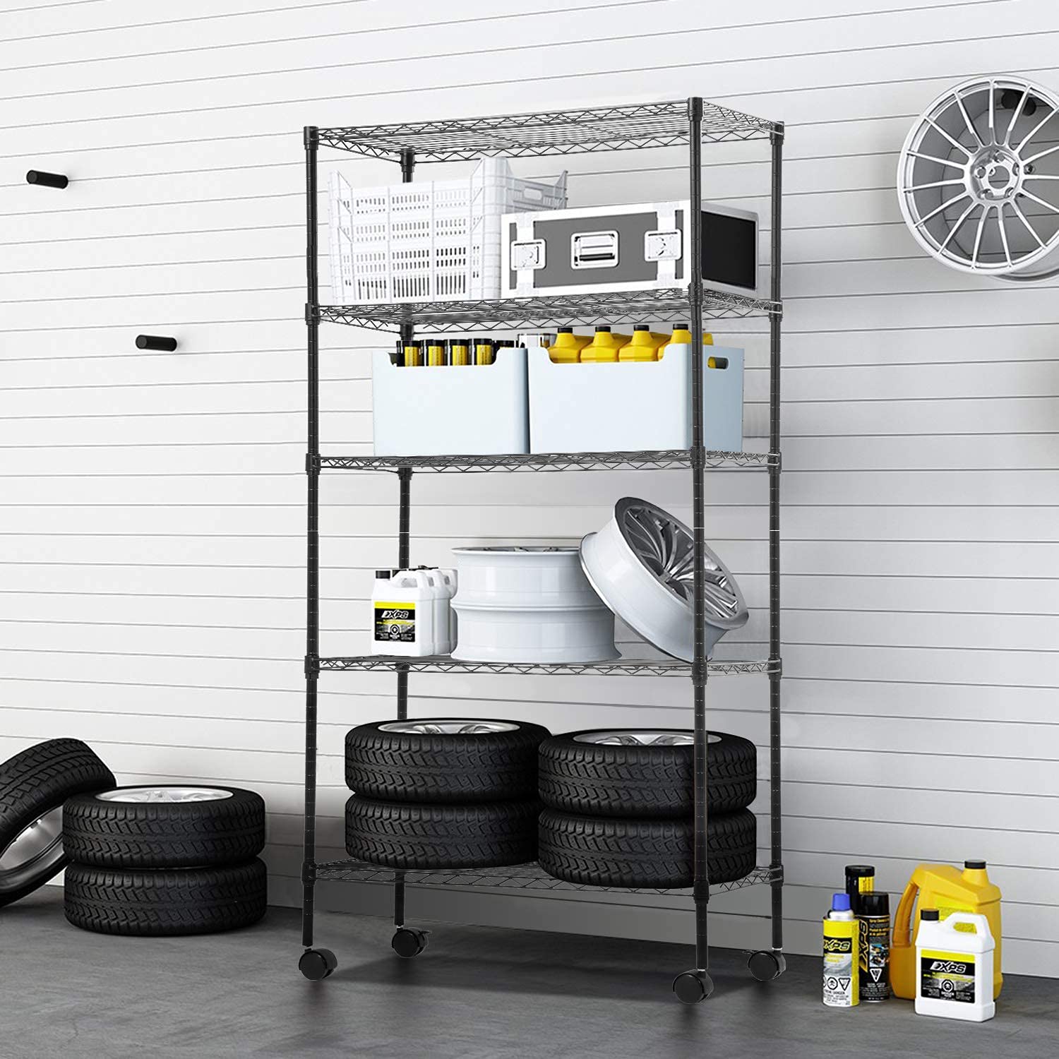 FDW 30" L×14" W×60" H Wire Shelving Unit Metal Shelf with 5 Tier Casters Adjustable Layer Rack Strong Steel for Restaurant Garage Pantry Kitchen Garage,Black