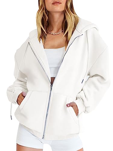 Caracilia Women's Hoodies 2023 Fall Jacket Solid Athletic Tops Casual Long Sleeve Fleece Oversized Sweatshirts Cute Teen Girl Zip Up Clothes Winter Loose Fit Warm Cute Sweater A989baise-M White
