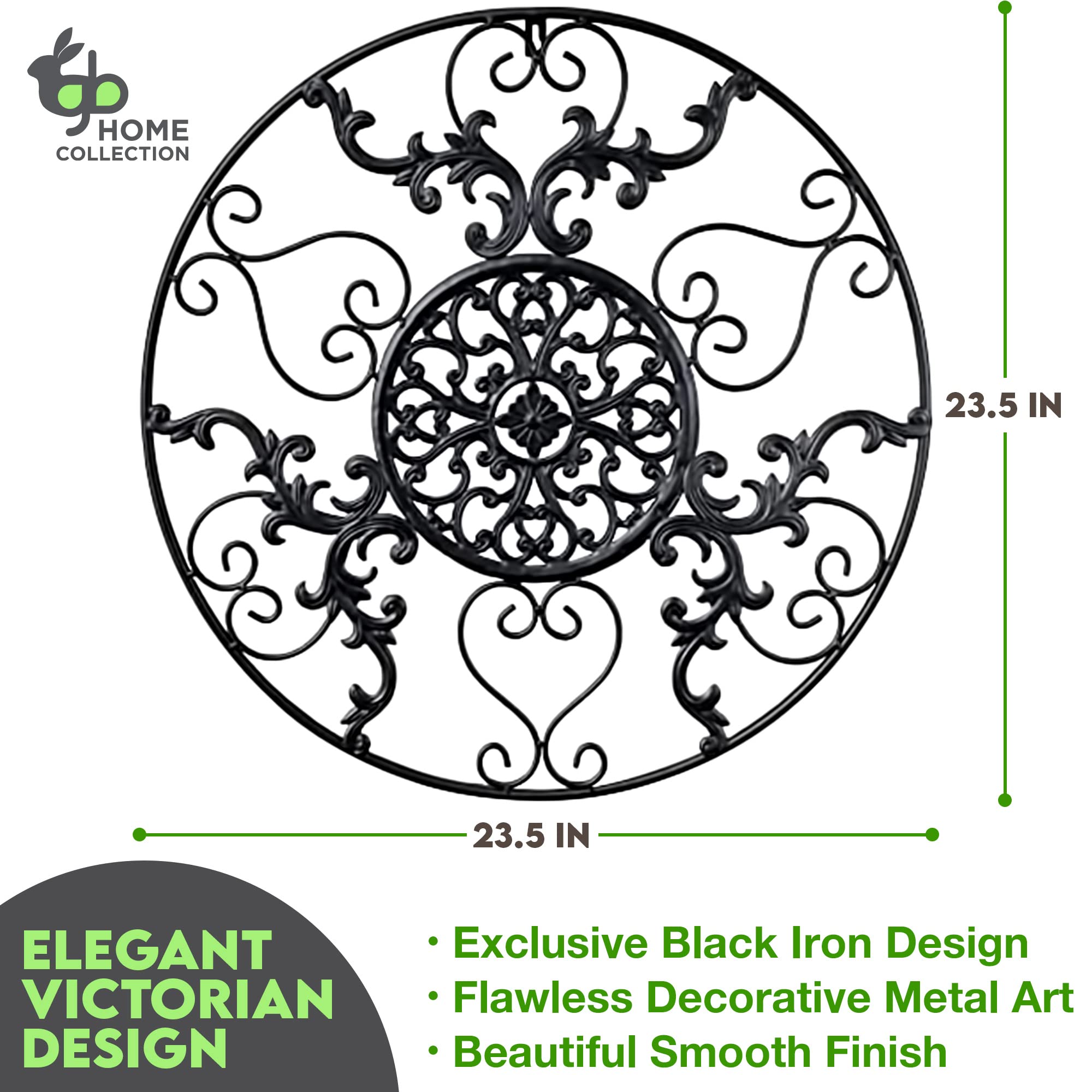 GB Home Metal Wall Décor Living Room Victorian Style Wall Art Décor, Circular Medallion Design, 24 X 24 Inches - Black