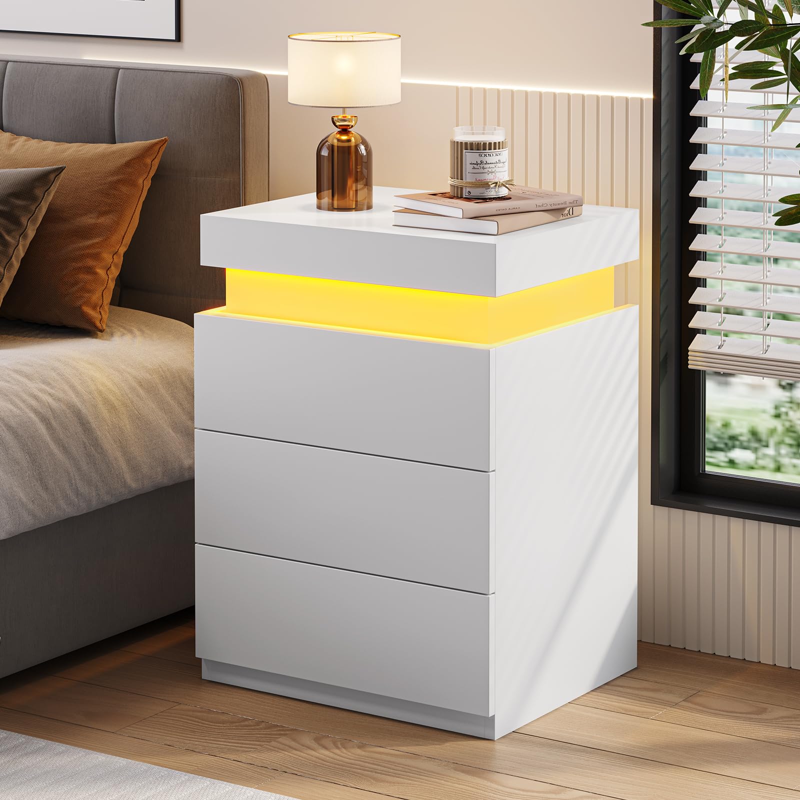 BTHFST Nightstand with Charging Station and LED Lights, Led Nightstand with Sliding Top, Bedside Table with Drawers, Modern End Table Side Table with USB Ports and Outlets (Black)