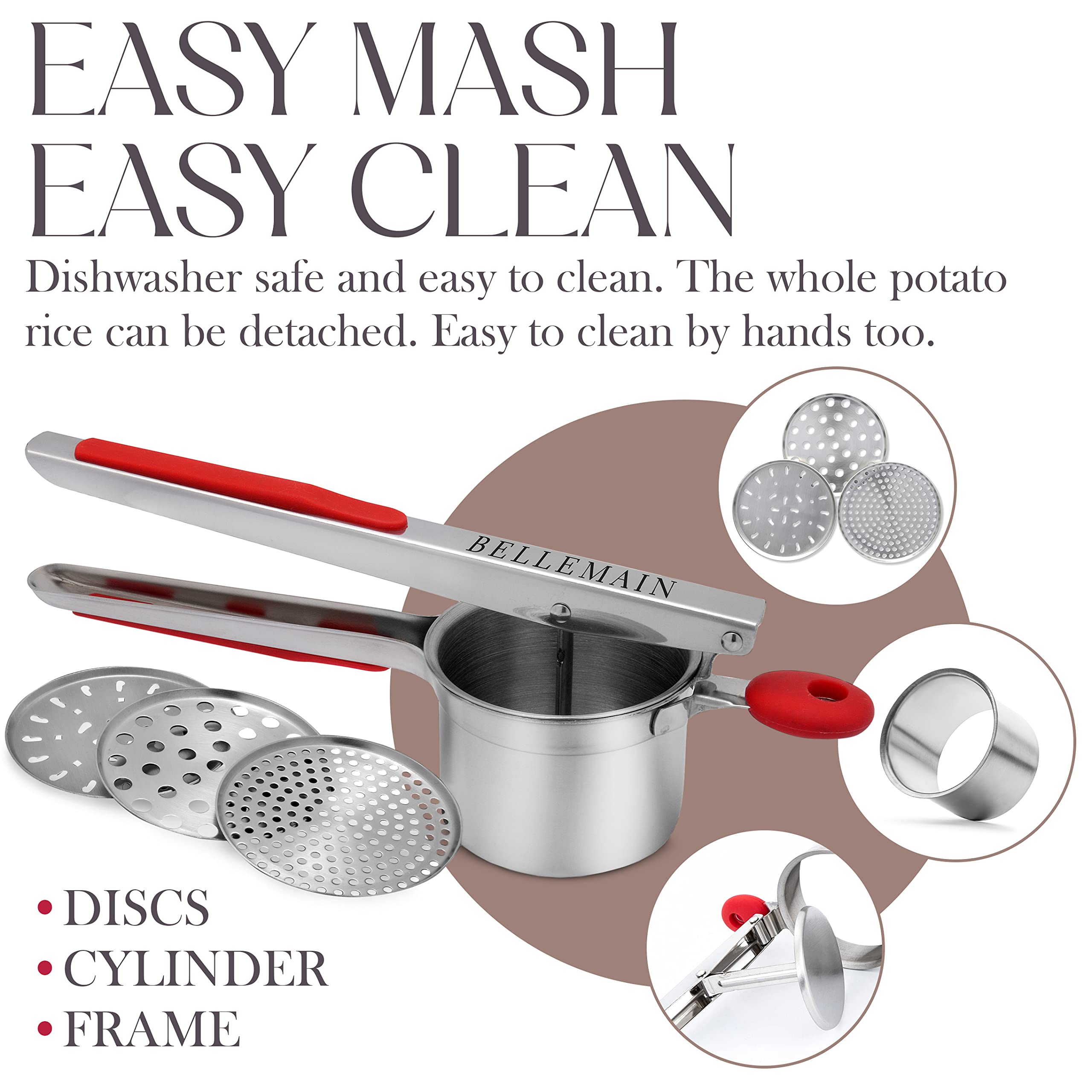 Bellemain Potato Ricer 15 oz with 3 Interchangeable Discs | Mash Potato Masher Stainless Steel, Sweet Potato Masher Kitchen Tool | Spaetzle Maker Press, Khuon Banh Lot, Spaetzle Noodle Maker