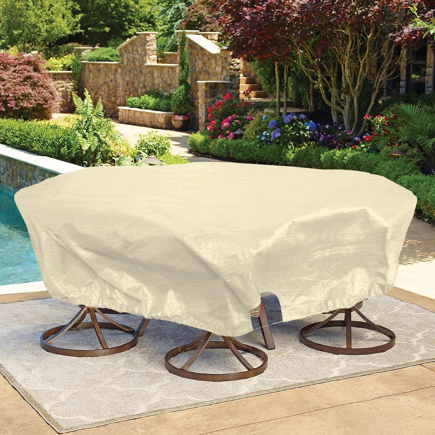 Bynbbur 14 FT Round Patio Furniture Cover Outdoor Table Chair Set Covers Car Cover Trampoline Cover Wire Rope Hemmed All Edges, Sturdy Cover for Outdoor Furniture Set (Beige)