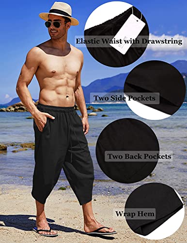 COOFANDY Men's Beach Pants Loose Casual Lightweight Elastic Waist Summer Linen Pants Black