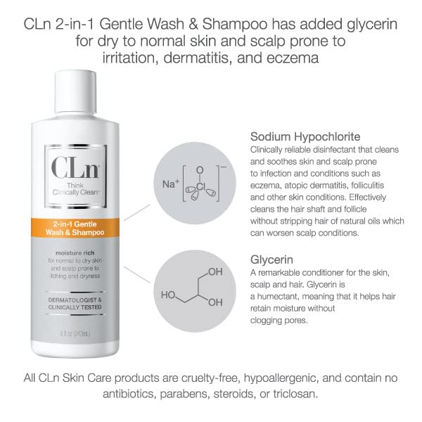 CLn® 2-in-1 Gentle Wash & Shampoo- Multi-functional Cleanser for Skin & Scalp Prone to Irritation, Flaking, Itching, Dryness & Razor Bumps, Fragrance-Free & Paraben-Free, 8 fl. oz.