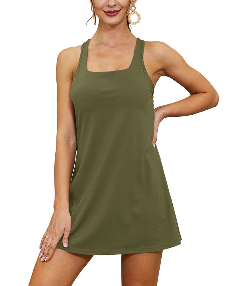 Aurgelmir Womens 2-in-1 Exercise Dresses with Built-in Shorts Workout Athletic Active Golf Tennis Dress Army Green