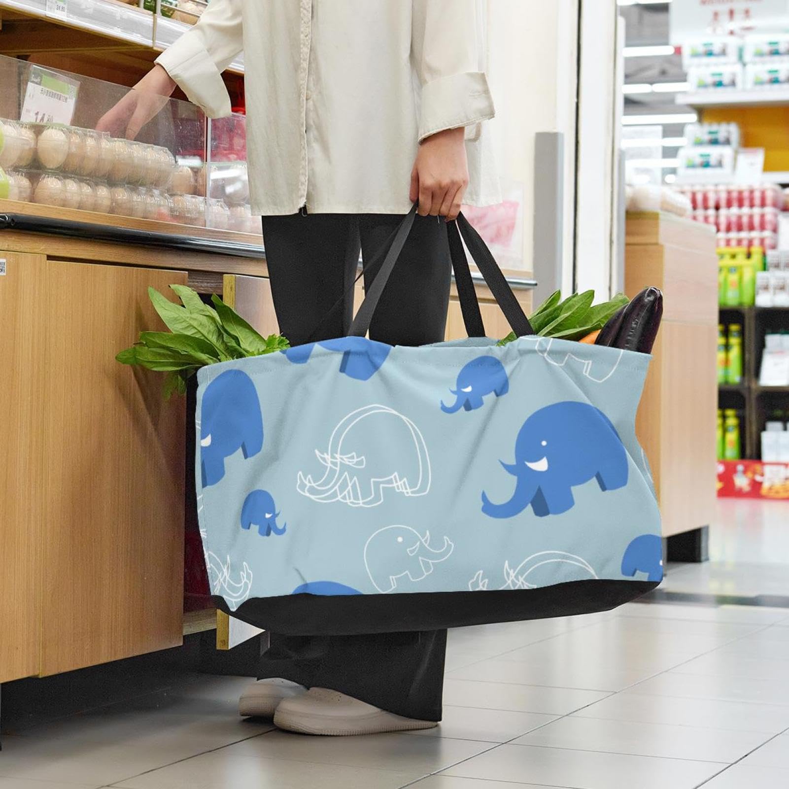 Cartoon Elephant Full Print Large Capacity Laundry Organizer Tote Bag - Reusable and Foldable Oxford Cloth Shopping Bags