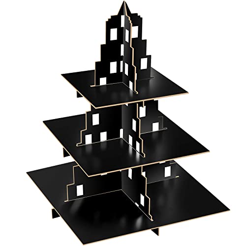 City Skyscraper Cupcake Stand 3 Tier with 24 Pcs Building Party Cupcake Wrappers Cardboard Cupcake Tower Black Skyscraper Dessert Stands for Birthday Table Decor Christmas Party Favor
