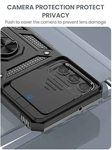 Dretal for Samsung A24 4G Case, Galaxy A24 5G Case with Slide Camera Cover + [2PCS] Tempered Glass Screen Protector, Military Grade Shockproof Protective Cover Built Finger Ring Kickstand (Black)