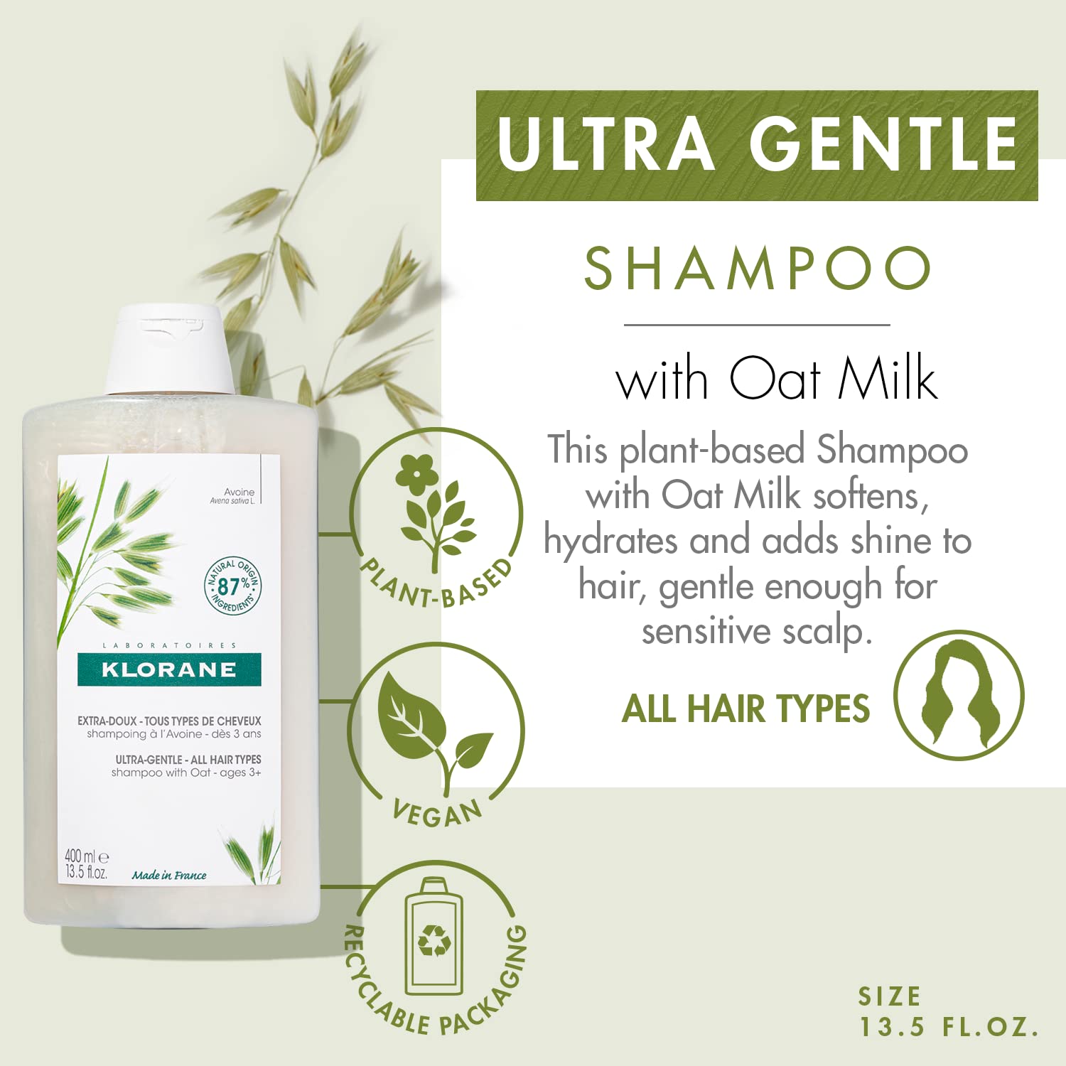 Klorane Ultra-Gentle Shampoo with Oat Milk, Sulfate-Free, Dermatologist and Pediatric Tested, Hypoallergenic, Vegan, Plant-based, Biodegradable