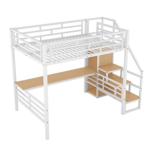 CITYLIGHT Full Size Loft Bed with Staircase and Desk, Metal Loft Bed Frame with Wardrobe and Storage Shelves, Full Loft Bed with Desk for Kids, Teens, Boys & Girls (Full, White)