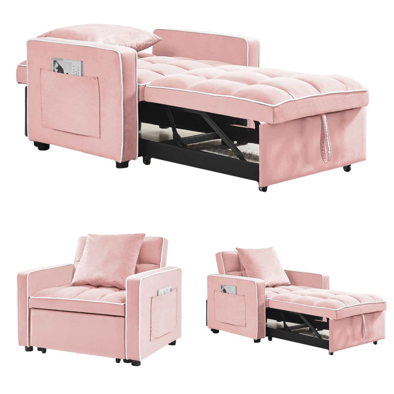 ChicFurnit Sofa Bed, Three-in-One Couch Chair with Upholstered Adjustable Curved Backrest & Pillow Top Arms, Velvet Folding Sleeper Sofa Bed with Side Pockets & Throw Pillow for Living Room, Pink