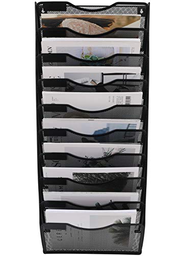 EasyPAG 10 Tier Wall File Organizer Office Mesh Metal Hanging File Folder Holder Magazine Rack, Black