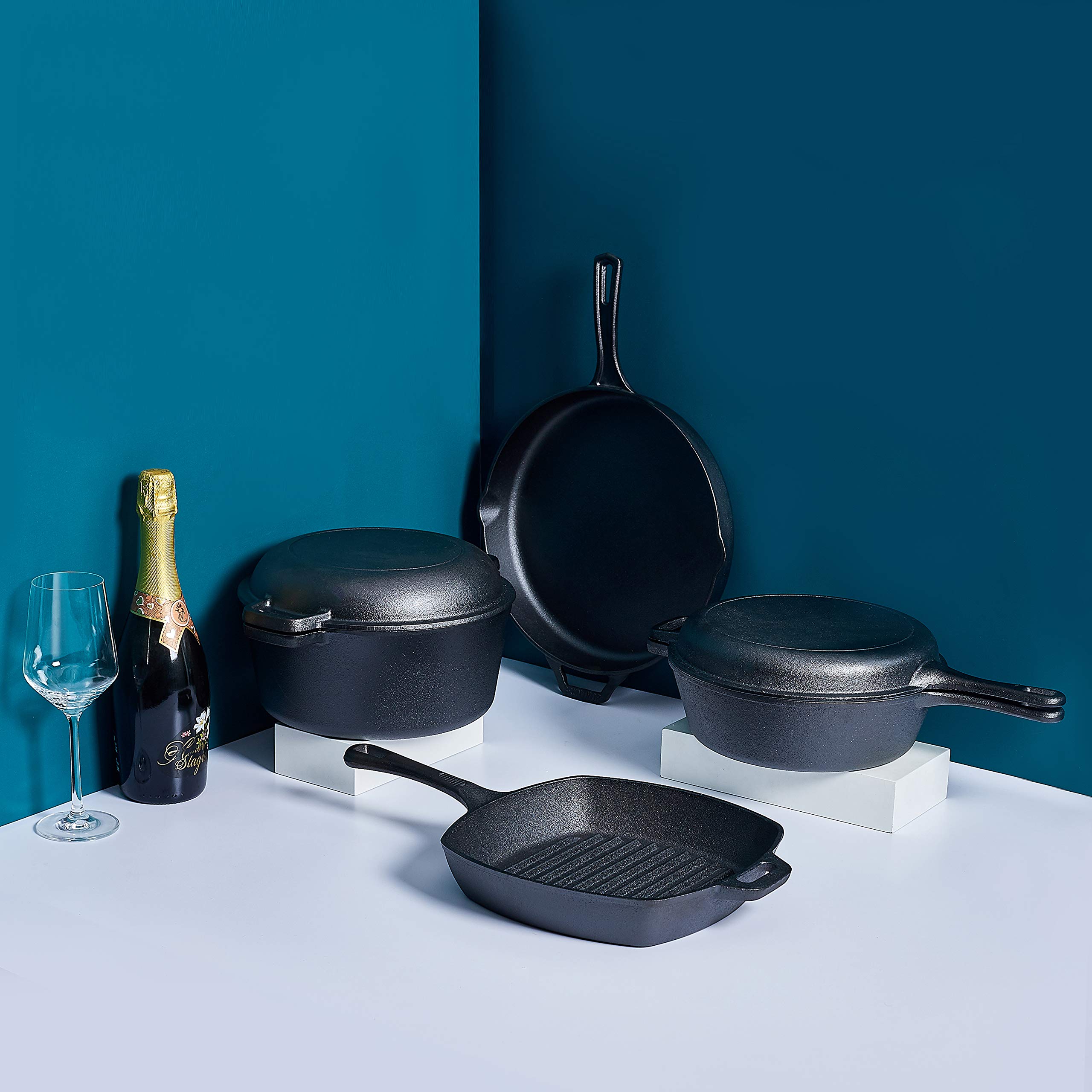 Bruntmor Pre Seasoned 6 pcs Pots And Pans Set - Double Dutch Oven Crockpot - Cooking Set - Cast Iron Skillets and Square Grill Pan with Lid - Outdoor Camping Cookware - Kitchen Accessories