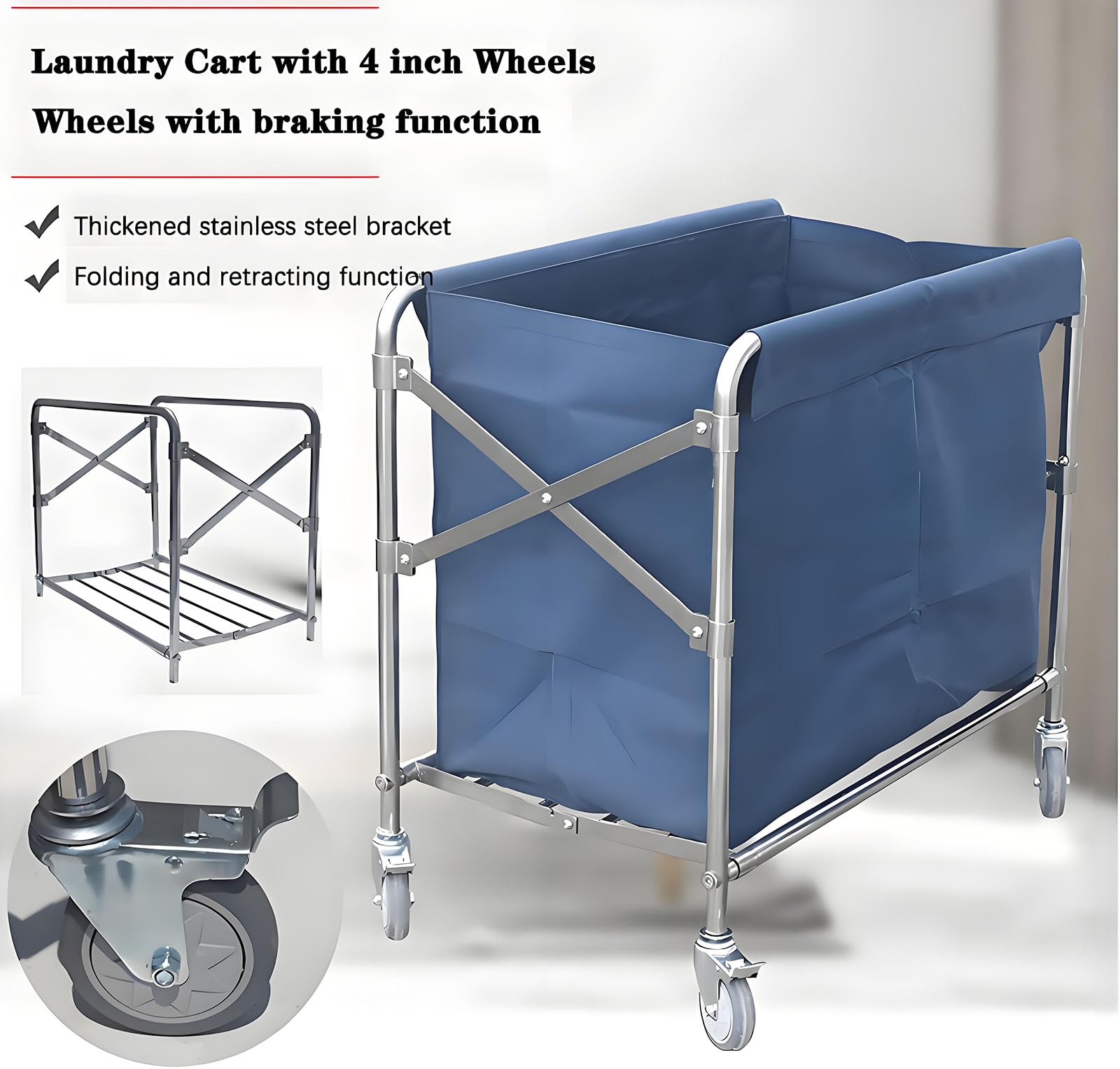 Collapsible Laundry Cart with Wheels Commercial 12 Bushel Folding Laundry Basket, Heavy Duty Rolling Laundry Hamper with Removable Waterproof Oxford Bag and Reinforced Steel Frame, 330 lbs Load 