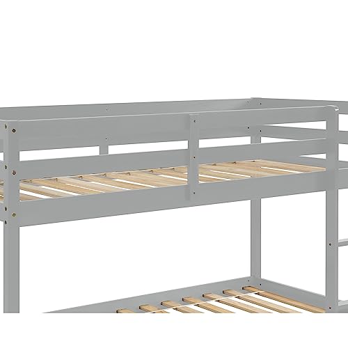 CNANXU Twin Low Bunk Bed, Twin Loft Bed with Ladder for Boys and Girls, Wood Twin Over Twin Bunk Bed Frame with Full Length Guardrail, Multifunctional Design, Wooden Slat Support (Grey)
