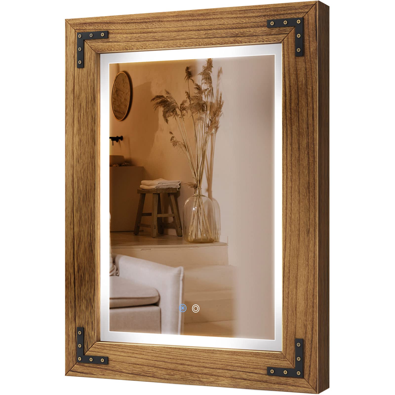 GREENSTELL Bathroom Mirror with Anti-Fog for Farmhouse Decor, 3-Color LED Light 31.5" x 23.6" Smart Vanity Mirror, Rustic Wood Framed Wall Mirror, Vertical or Horizontal Hanging, Light Brown