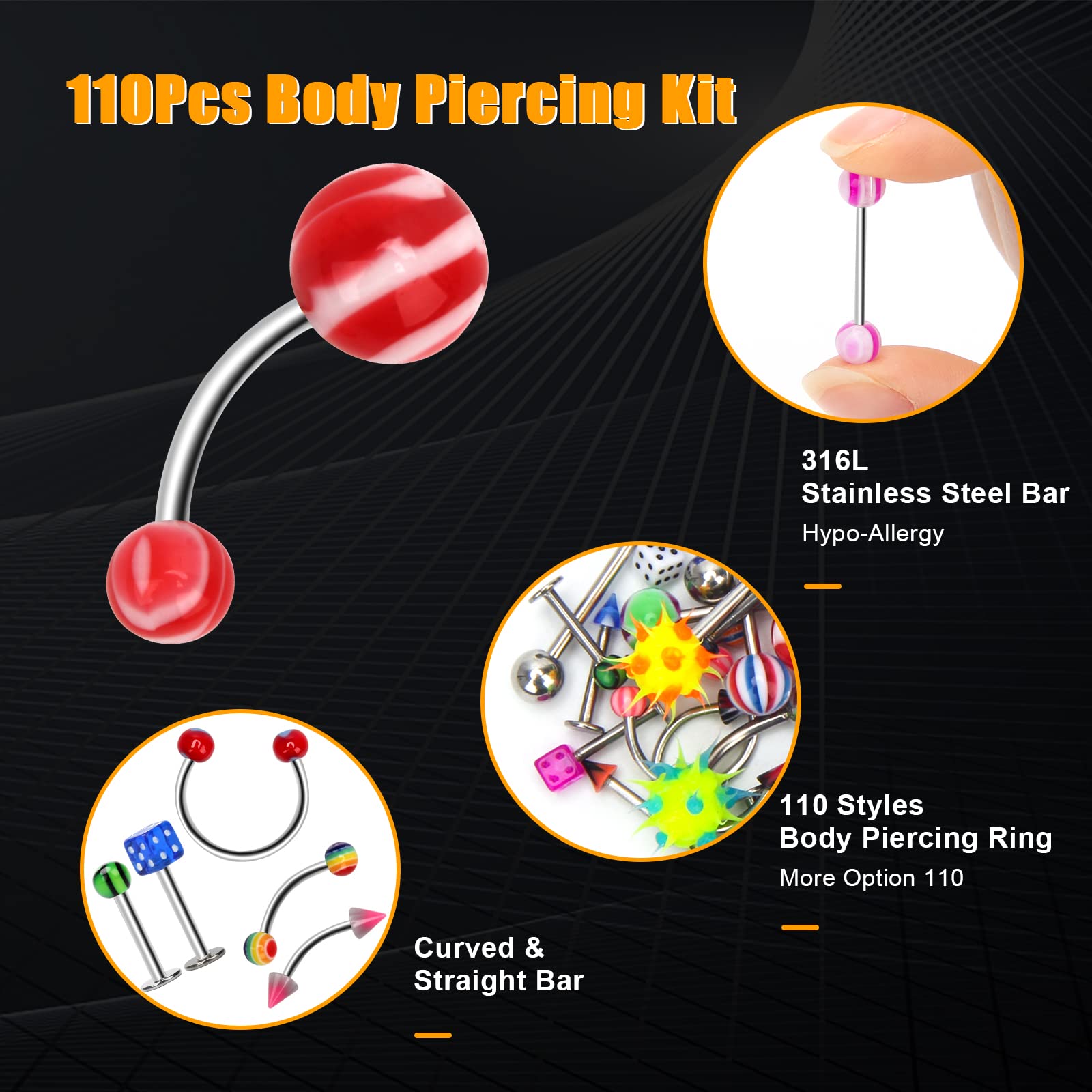CrazyPiercing Lot of 110PCS Body Jewelry Piercing Eyebrow Navel Belly Tongue Lip Bar Ring