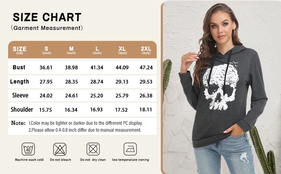 Calvin&Sally Women's Casual Lightweight Hoodies Long Sleeve Skull Graphic Tee Shirts Drawstring Pullover Hoodie Sweatshirts Tops with Pocket (Grey,XL)